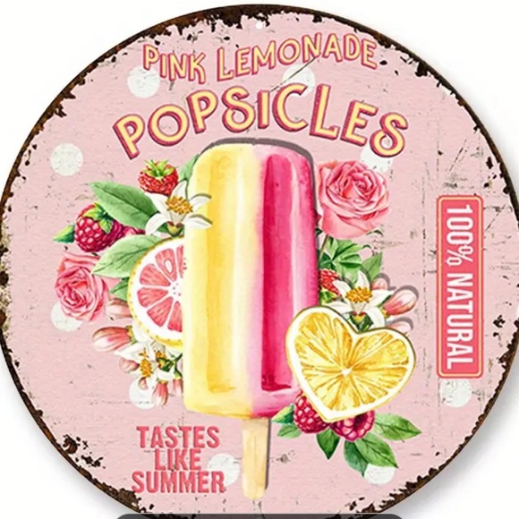 Wall Decor | Round Pink Lemonade Popsicles Metal Sign Citrus Pink Roses ...